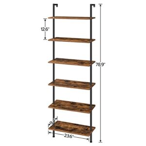 HOOBRO DIY Ladder Shelf, 6-Tier Wall Mounted Bookshelf, Office Vertical Bookcase, Wooden Storage Shelves for Home Office, Bedroom, Rustic Brown and Black BF65CJ01