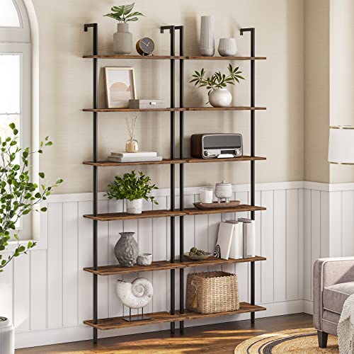 HOOBRO DIY Ladder Shelf, 6-Tier Wall Mounted Bookshelf, Office Vertical Bookcase, Wooden Storage Shelves for Home Office, Bedroom, Rustic Brown and Black BF65CJ01