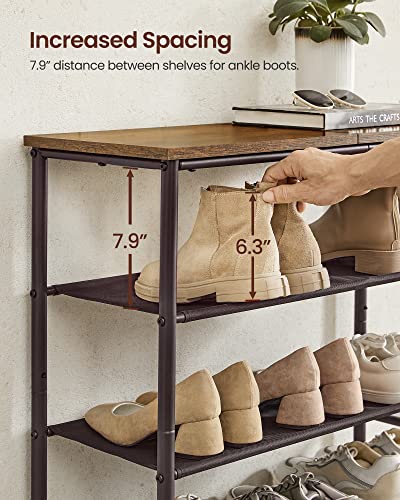 VASAGLE Shoe Rack 5 Tier, Narrow Shoe Organizer for Closet Entryway, with 4 Fabric Shelves and Top for Bags, Shoe Shelf, Steel Frame, Industrial, Rustic Brown and Bronze ULBS036A45