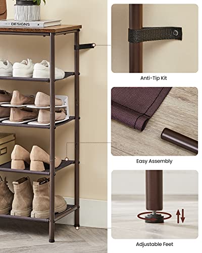 VASAGLE Shoe Rack 5 Tier, Narrow Shoe Organizer for Closet Entryway, with 4 Fabric Shelves and Top for Bags, Shoe Shelf, Steel Frame, Industrial, Rustic Brown and Bronze ULBS036A45