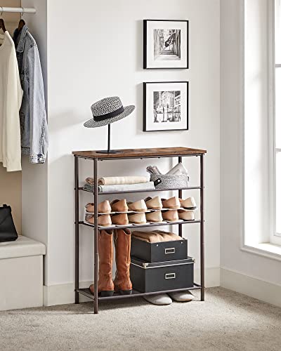 VASAGLE Shoe Rack 5 Tier, Narrow Shoe Organizer for Closet Entryway, with 4 Fabric Shelves and Top for Bags, Shoe Shelf, Steel Frame, Industrial, Rustic Brown and Bronze ULBS036A45