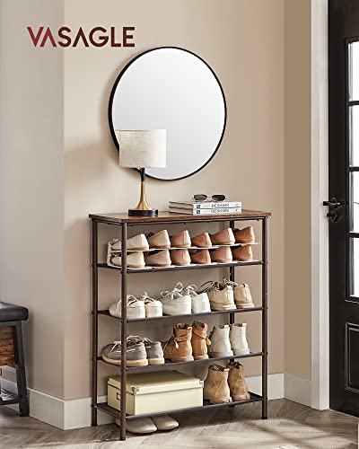 VASAGLE Shoe Rack 5 Tier, Narrow Shoe Organizer for Closet Entryway, with 4 Fabric Shelves and Top for Bags, Shoe Shelf, Steel Frame, Industrial, Rustic Brown and Bronze ULBS036A45