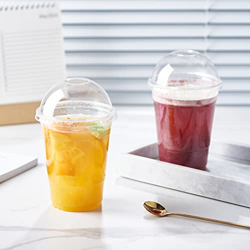 [100 Sets-16 oz.] Plastic Cups With Dome Straw Slot Lids PET Crystal Clear Disposable Togo Cup BPA Free For Party Ice Cold Drinks Coffee Tea Parfait Dessert Smoothie Bubble Boba Fruit Milkshake Slush