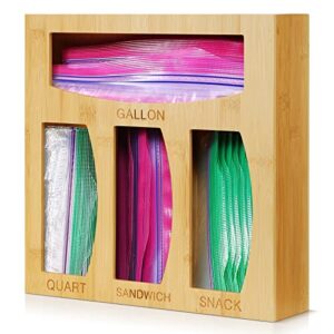 hossejoy bamboo ziplock bag storage organizer, kitchen plastic bag dispenser holder, zip lock bag container for kitchen drawer, suitable for gallon, quart, sandwich & snack variety size bags