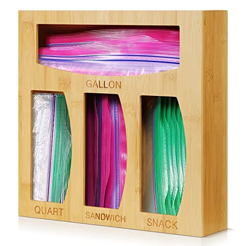 Hossejoy Bamboo Ziplock Bag Storage Organizer, Kitchen Plastic Bag Dispenser Holder, Zip lock Bag Container for Kitchen Drawer, Suitable for Gallon, Quart, Sandwich & Snack Variety Size Bags