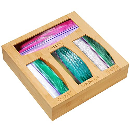 Hossejoy Bamboo Ziplock Bag Storage Organizer, Kitchen Plastic Bag Dispenser Holder, Zip lock Bag Container for Kitchen Drawer, Suitable for Gallon, Quart, Sandwich & Snack Variety Size Bags