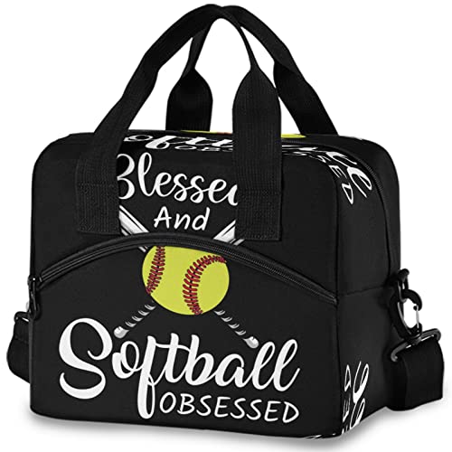 Oarencol Baseball Black Insulated Lunch Tote Bag Blessed and Softball Obsessed Softball Reusable Cooler Lunch Box with Shoulder Strap for Work Picnic School Beach