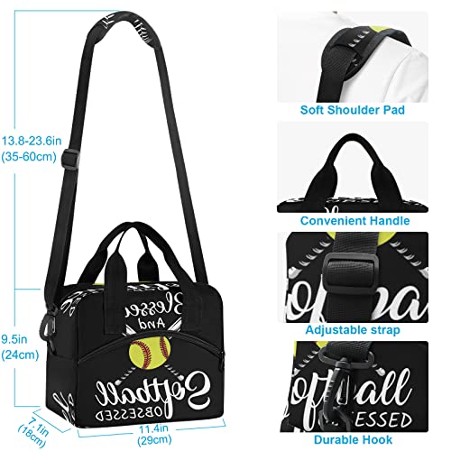 Oarencol Baseball Black Insulated Lunch Tote Bag Blessed and Softball Obsessed Softball Reusable Cooler Lunch Box with Shoulder Strap for Work Picnic School Beach