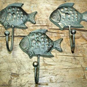 N?A 3 Cast Iron Antique Style Sun Fish Coat Hooks Hat Hook Rack Towel Nautical Beach for Hanging Clothes Hats Bags Keys Towel Head Wraps Robes.