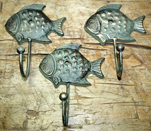 N?A 3 Cast Iron Antique Style Sun Fish Coat Hooks Hat Hook Rack Towel Nautical Beach for Hanging Clothes Hats Bags Keys Towel Head Wraps Robes.