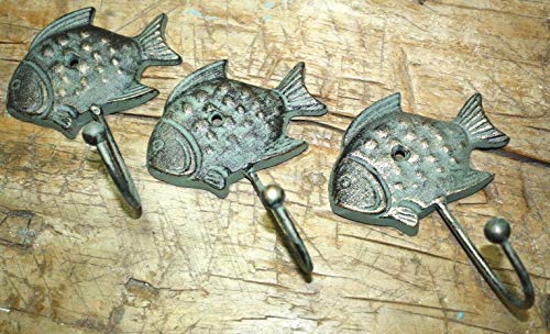 N?A 3 Cast Iron Antique Style Sun Fish Coat Hooks Hat Hook Rack Towel Nautical Beach for Hanging Clothes Hats Bags Keys Towel Head Wraps Robes.