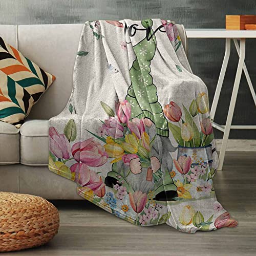 Flannel Fleece Throw Blanket,Easter Gnome Spring Pink Tulip Floral Mother's Day Lightweight Soft Warm Throws,Dwarf Flower Plant Cozy Plush Blankets for Bed Couch Car Office Decor All Seasons 40x50In