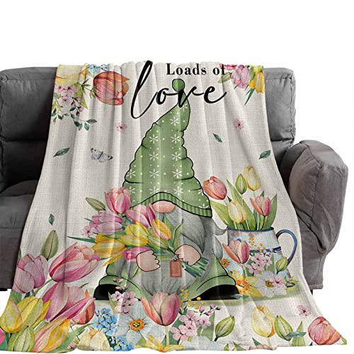 Flannel Fleece Throw Blanket,Easter Gnome Spring Pink Tulip Floral Mother's Day Lightweight Soft Warm Throws,Dwarf Flower Plant Cozy Plush Blankets for Bed Couch Car Office Decor All Seasons 40x50In