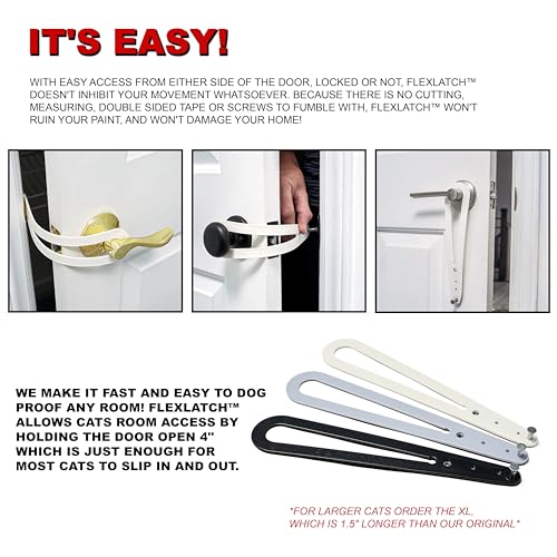 FlexLatch Cat Door Holder Latch - Bright White Cat Door Alternative Installs Fast Flex Latch Strap Let's Cats in and Keeps Dogs Out of Litter & Food. Safe Baby Proof One Piece No Measuring Extra Easy