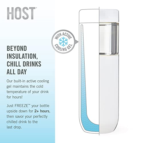 HOST Freeze Double Walled Insulated Water Bottle Freezer Tumbler with Active Cooling Gel Stainless Steel Lid and Silicone Grip, Set of 1 20 Oz Plastic Bottle, White