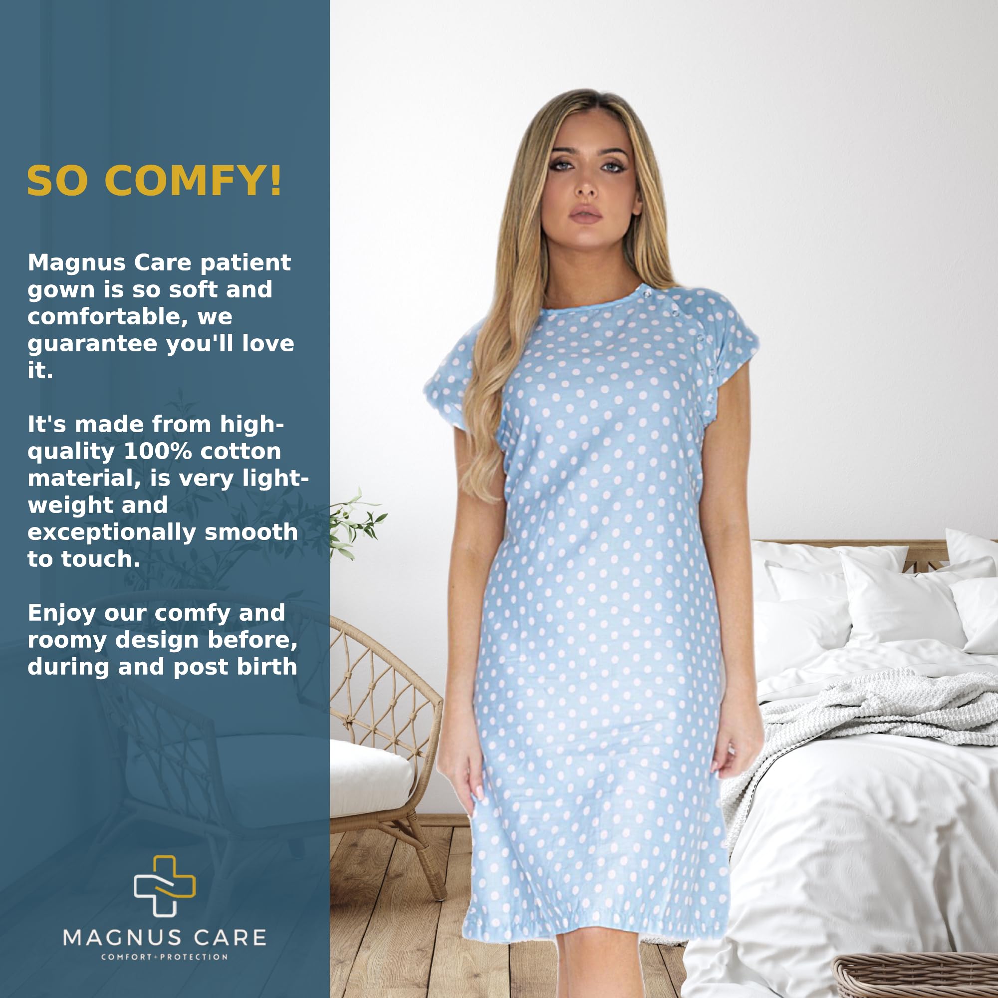 Magnus Care Hospital Gown for Women Labor and Delivery 100% Cotton Gown with Easy Snap Back Closure and Shoulder Snaps Patient Gowns Blue