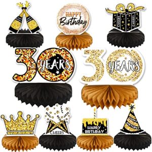 kimober 9pcs 30th birthday honeycomb centerpieces,black gold 30 years birthday table toppers for thirty years birthday party decorations