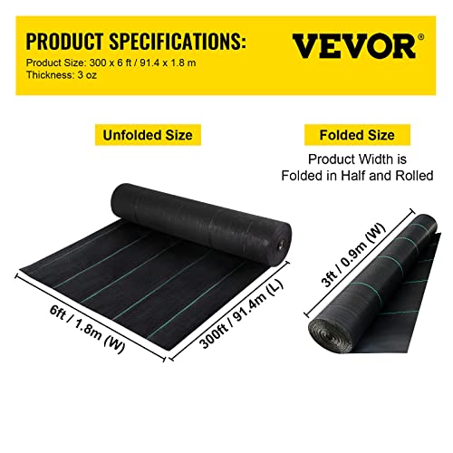 VEVOR Driveway Fabric, Heavy Duty 6x300ft 3oz Woven Landscape Fabric, Garden Weed Barrier Fabric, Weed Control Fabric, Geotextile Fabric for Landscaping, Ground Cover, Weed Block Gardening Mat, Black