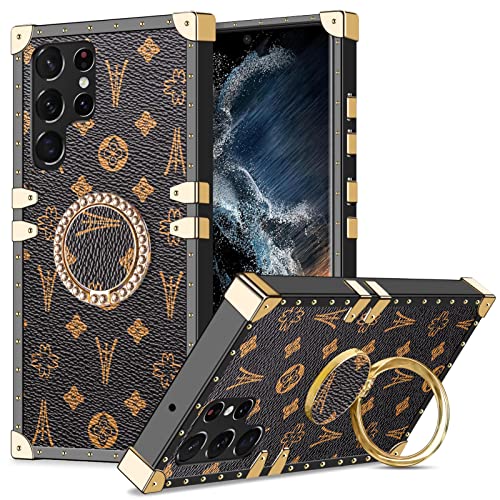 WOLLONY for Galaxy S22 Ultra Square Leather Case with Kickstand Ring Stand Holder Luxury Retro Case for Women Girls Metal Edges Shockproof Protective Cover for Samsung Galaxy S22 Ultra 6.8'' Brown