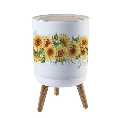 Small Trash Can with Lid Sunflower Seamless Watercolor Horizontal Border Yellow Rural Flowers Round Recycle Bin Press Top Dog Proof Wastebasket for Kitchen Bathroom Bedroom Office 7L/1.8 Gallon