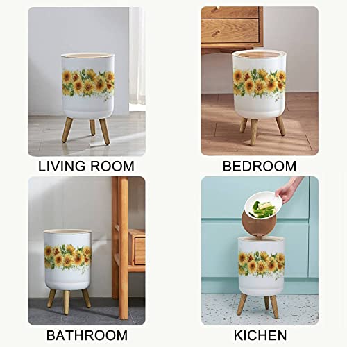 Small Trash Can with Lid Sunflower Seamless Watercolor Horizontal Border Yellow Rural Flowers Round Recycle Bin Press Top Dog Proof Wastebasket for Kitchen Bathroom Bedroom Office 7L/1.8 Gallon