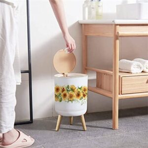 Small Trash Can with Lid Sunflower Seamless Watercolor Horizontal Border Yellow Rural Flowers Round Recycle Bin Press Top Dog Proof Wastebasket for Kitchen Bathroom Bedroom Office 7L/1.8 Gallon