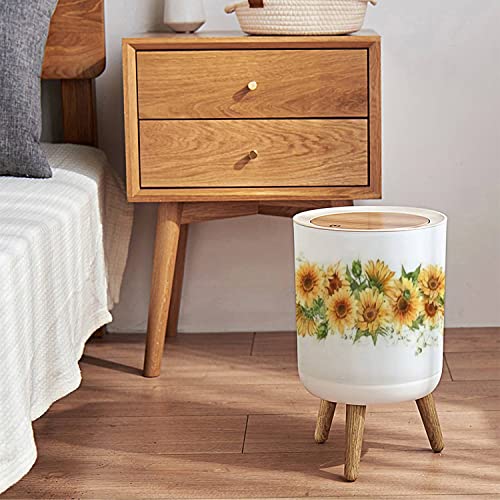 Small Trash Can with Lid Sunflower Seamless Watercolor Horizontal Border Yellow Rural Flowers Round Recycle Bin Press Top Dog Proof Wastebasket for Kitchen Bathroom Bedroom Office 7L/1.8 Gallon