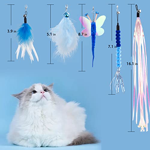 iKOIHO Cat Wand Toy for Indoor Cats 6PCS Fairy Feather Cat Toys with Retractable Fishing Pole Replaceable Feather Attachments Dragonfly Tassel Worm with Bells Cat String Kitten Toy Gift (Blue)