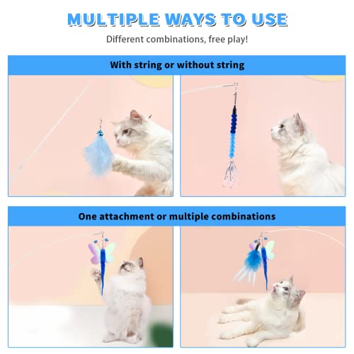 iKOIHO Cat Wand Toy for Indoor Cats 6PCS Fairy Feather Cat Toys with Retractable Fishing Pole Replaceable Feather Attachments Dragonfly Tassel Worm with Bells Cat String Kitten Toy Gift (Blue)