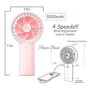 NEW! Mini Handheld Fan, USB Power Bank 5,200mAh, Small Personal Portable fan, Powerful 4 Speeds, Rechargeable Desk Fan, Eyelash Fan for Makeup, Angle adjustable, Kids Girls Women Men Indoor Outdoor Traveling. (Pink)