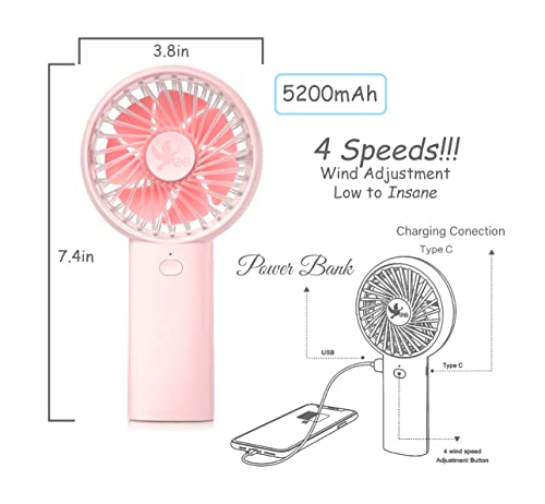 NEW! Mini Handheld Fan, USB Power Bank 5,200mAh, Small Personal Portable fan, Powerful 4 Speeds, Rechargeable Desk Fan, Eyelash Fan for Makeup, Angle adjustable, Kids Girls Women Men Indoor Outdoor Traveling. (Pink)