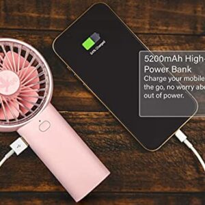 NEW! Mini Handheld Fan, USB Power Bank 5,200mAh, Small Personal Portable fan, Powerful 4 Speeds, Rechargeable Desk Fan, Eyelash Fan for Makeup, Angle adjustable, Kids Girls Women Men Indoor Outdoor Traveling. (Pink)