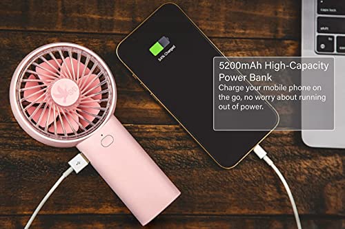 NEW! Mini Handheld Fan, USB Power Bank 5,200mAh, Small Personal Portable fan, Powerful 4 Speeds, Rechargeable Desk Fan, Eyelash Fan for Makeup, Angle adjustable, Kids Girls Women Men Indoor Outdoor Traveling. (Pink)