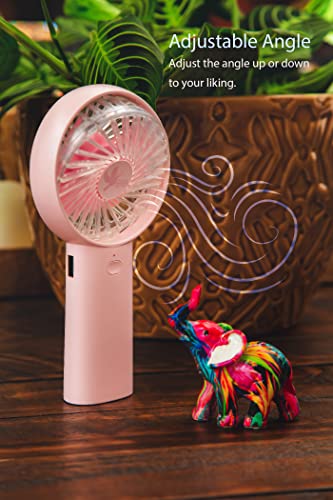 NEW! Mini Handheld Fan, USB Power Bank 5,200mAh, Small Personal Portable fan, Powerful 4 Speeds, Rechargeable Desk Fan, Eyelash Fan for Makeup, Angle adjustable, Kids Girls Women Men Indoor Outdoor Traveling. (Pink)