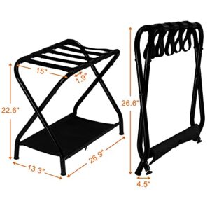 Heybly Luggage Rack,Pack of 2,Steel Folding Suitcase Stand with Storage Shelf for Guest Room Bedroom Hotel,Black,HLR002B2