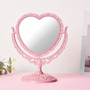 receesoon pink heart mirror double sides, vanity makeup mirror for desk, pink vintage mirror, coquette danish pastel room decor aesthetic