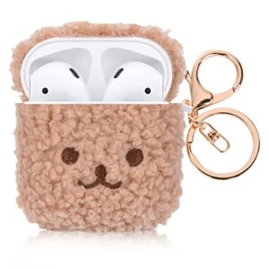 Cute AirPod Case Cartoon Fur Fluffy Bear Design with Keychain Lovely Plush Cover Compatible with AirPods 2&1 Case for Women and Kids