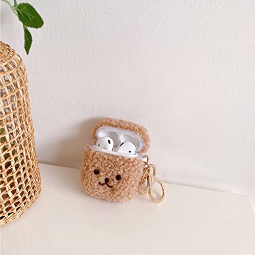 Cute AirPod Case Cartoon Fur Fluffy Bear Design with Keychain Lovely Plush Cover Compatible with AirPods 2&1 Case for Women and Kids