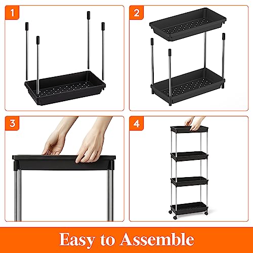 Lifewit Slim Storage Cart, Laundry Room Organization, Wide 7.9'', 4 Tier Shelf Organizer Rack Unit with Wheels for Bathroom Kitchen Small Dorm Narrow Space, Black