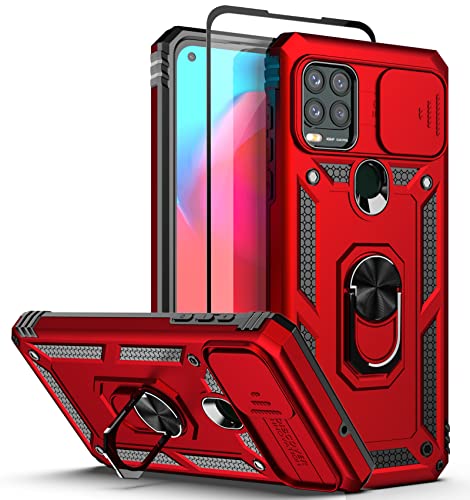 Dretal for Moto G Stylus 5G Case, Motorola G Stylus 5G Case + HD Screen Protector with Kickstand & Slide Lens Protector Cover, Heavy Duty Armor Shockproof Rugged Military Grade Case (JS-Red)