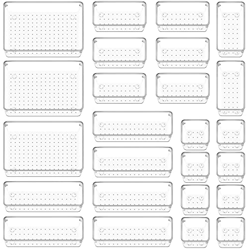 Puroma 25 PCS Drawer Organizer with Non-Slip Silicone Pads, 4-Size Versatile Vanity Drawer Storage Bins, Clear Plastic Drawer Organizer Trays, Customize Layout Organizer for Makeup and Bathroom Vanity