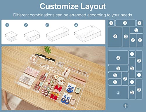 Puroma 25 PCS Drawer Organizer with Non-Slip Silicone Pads, 4-Size Versatile Vanity Drawer Storage Bins, Clear Plastic Drawer Organizer Trays, Customize Layout Organizer for Makeup and Bathroom Vanity