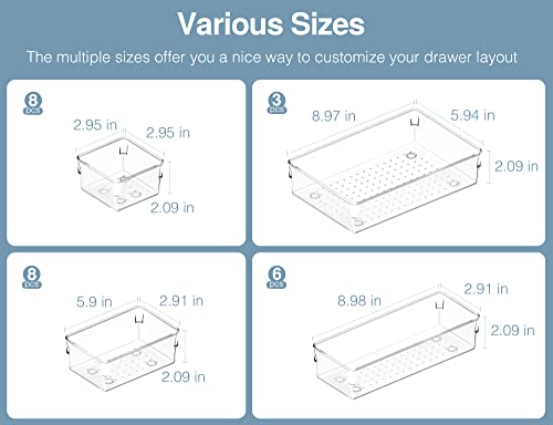 Puroma 25 PCS Drawer Organizer with Non-Slip Silicone Pads, 4-Size Versatile Vanity Drawer Storage Bins, Clear Plastic Drawer Organizer Trays, Customize Layout Organizer for Makeup and Bathroom Vanity