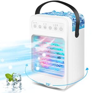 noltse 10w portable air cooler, 70degree oscillating evaporative cooler with 4 speeds rainbow led light,2 spray humidify &2-6h timer,600ml 35db quiet conditioner for room,office new-white 5*4*10 in