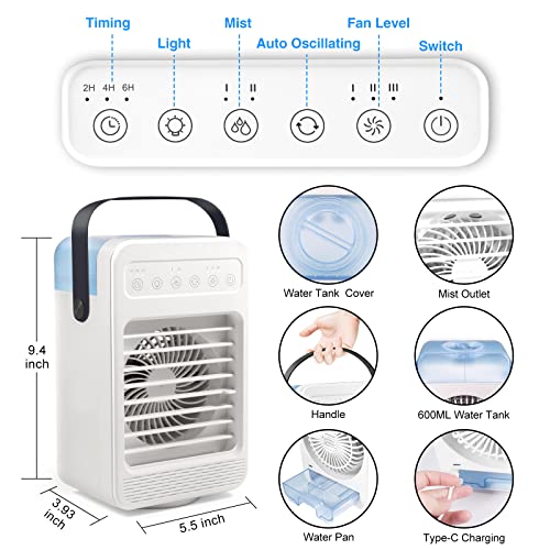 NOLTSE 10W Portable Air Cooler, 70Degree Oscillating Evaporative Cooler with 4 Speeds Rainbow LED Light,2 Spray Humidify &2-6H Timer,600ml 35dB Quiet Conditioner for Room,Office New-White 5*4*10 IN