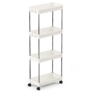 lifewit slim storage cart, laundry room organization, wide 7.9'', 4 tier shelf organizer rack unit with wheels for bathroom kitchen small dorm narrow space, white