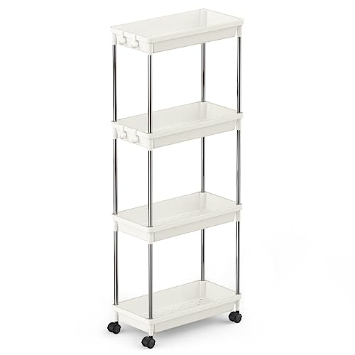 Lifewit Slim Storage Cart, Laundry Room Organization, Wide 7.9'', 4 Tier Shelf Organizer Rack Unit with Wheels for Bathroom Kitchen Small Dorm Narrow Space, White