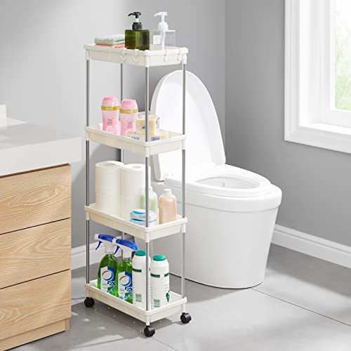 Lifewit Slim Storage Cart, Laundry Room Organization, Wide 7.9'', 4 Tier Shelf Organizer Rack Unit with Wheels for Bathroom Kitchen Small Dorm Narrow Space, White