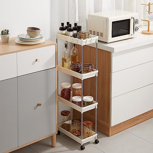 Lifewit Slim Storage Cart, Laundry Room Organization, Wide 7.9'', 4 Tier Shelf Organizer Rack Unit with Wheels for Bathroom Kitchen Small Dorm Narrow Space, White