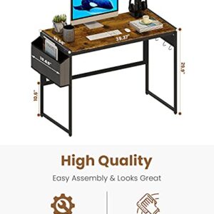 AWQM Computer Desk 39 Inch, Home Office Work Desk Laptop Desk with Side Bag, Study Writing Table Desktop Table with Iron Hook, Workstation for Small Spaces, Antique Brown